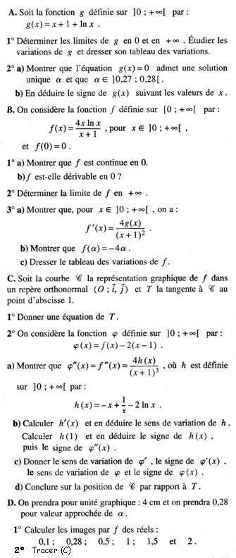 Exercice 1 : Etude de fonction : Classe de terminale S