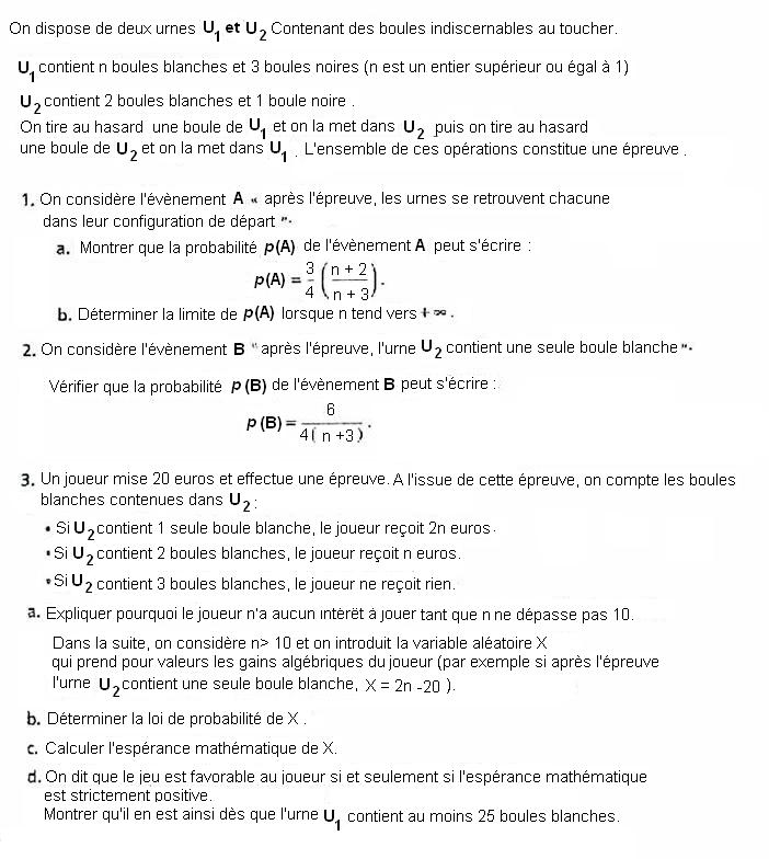 Exercice 14: Calculs de probabilités: Classe de Terminale S